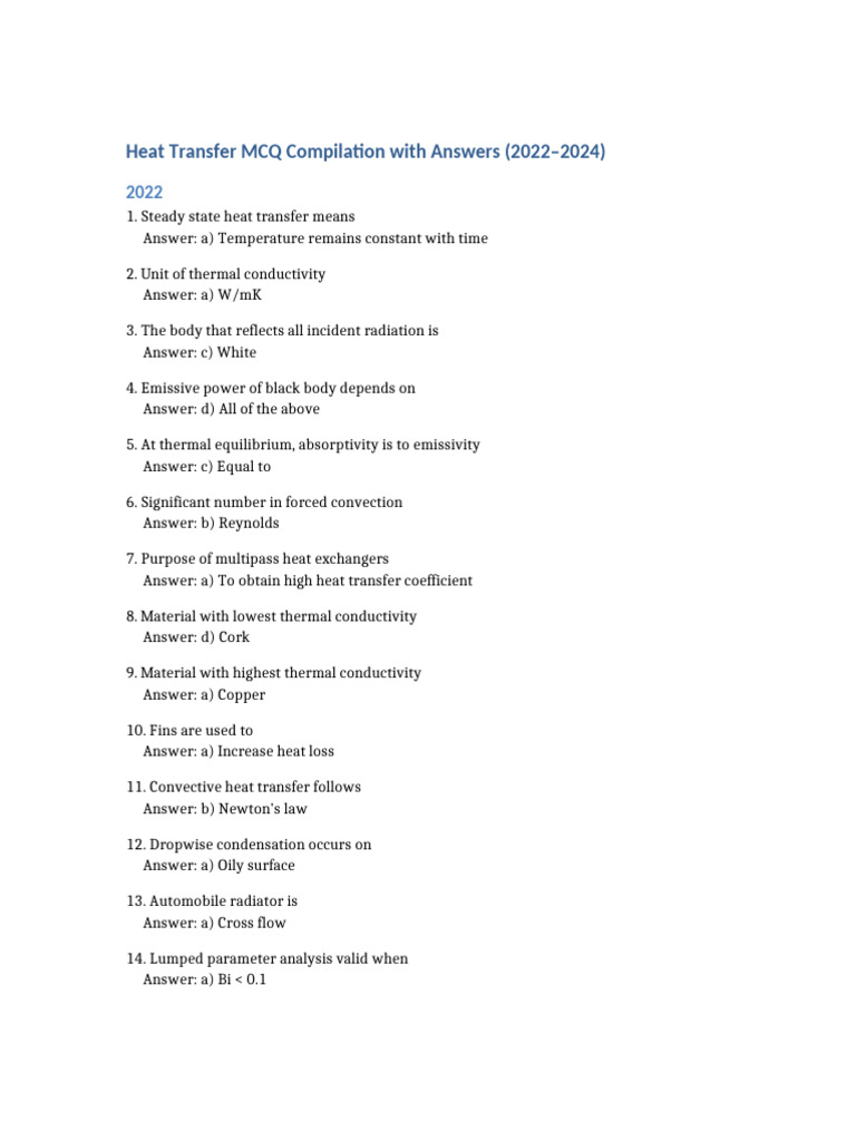 Heat Transfer MCQs with Answers 2022-2024 | PDF | Heat Transfer ...