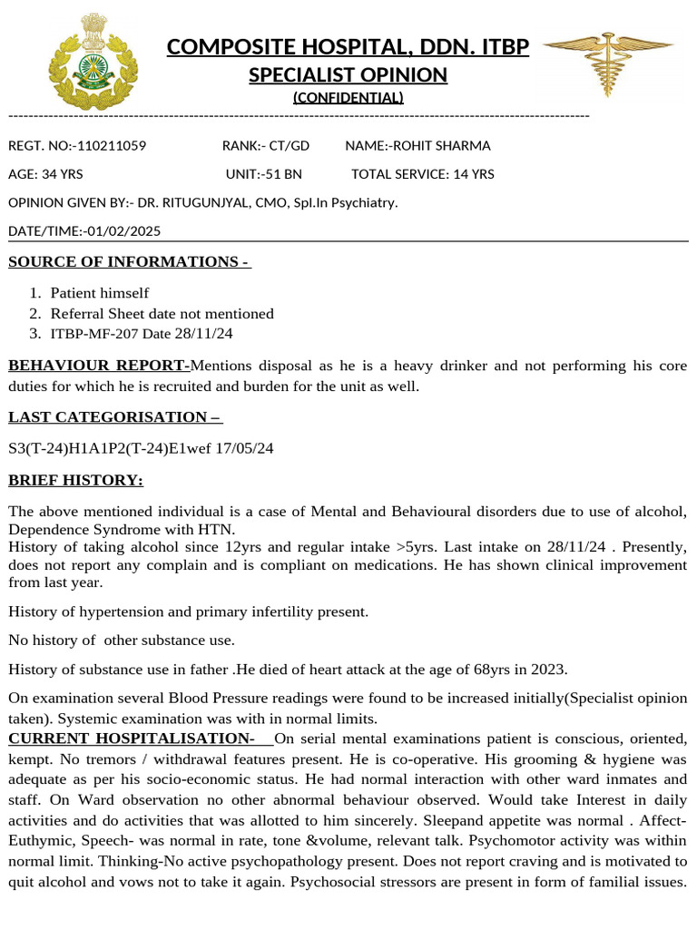 Composite Hospital, Ddn. Itbp: Specialist Opinion | PDF | Alcoholism | Medical Specialties