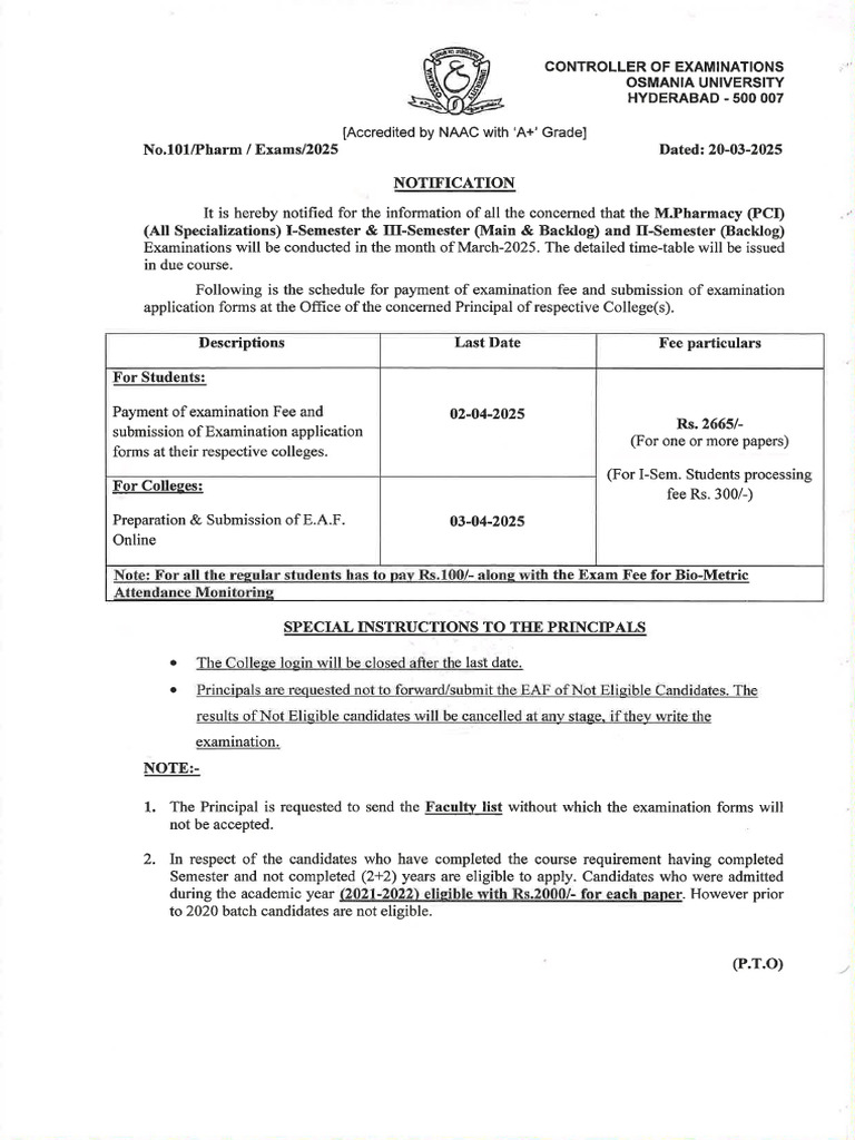 OU M.pharmacy I, II, III Sem Exams Notification March 2025 | PDF