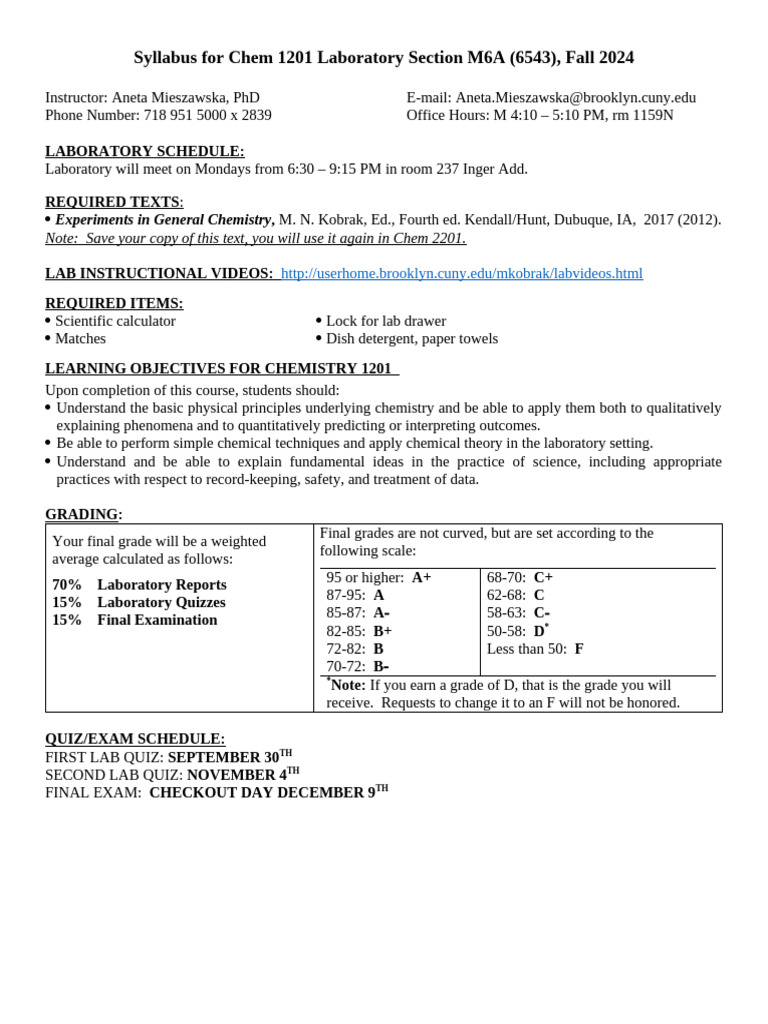 Chem 1201 Syllabus F24 2 | PDF | Academic Integrity | Experiment