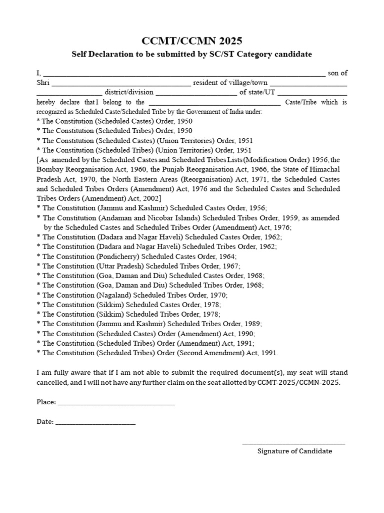 SC/ST Self Declaration Form 2025 | PDF | Politics Of India | Government ...