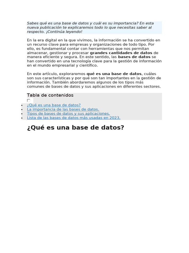 Sabes Qué Es Una Base de Datos y Cuál Es Su Importancia | PDF | Bases ...