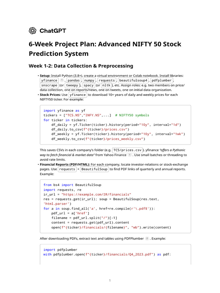 6-Week Project Plan - Advanced NIFTY 50 Stock Prediction System | PDF ...