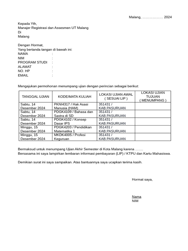 Surat Permohonan Pindah Ujian UT | PDF