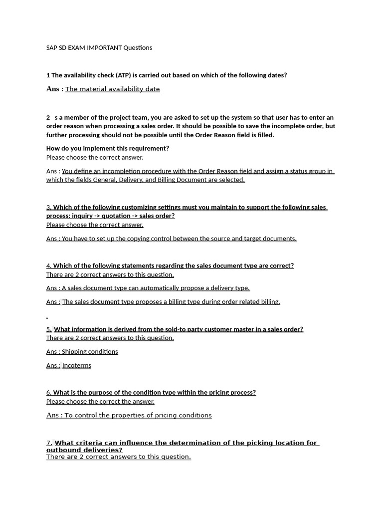 Sap SD Exam Important Questions | PDF | Sales | Question