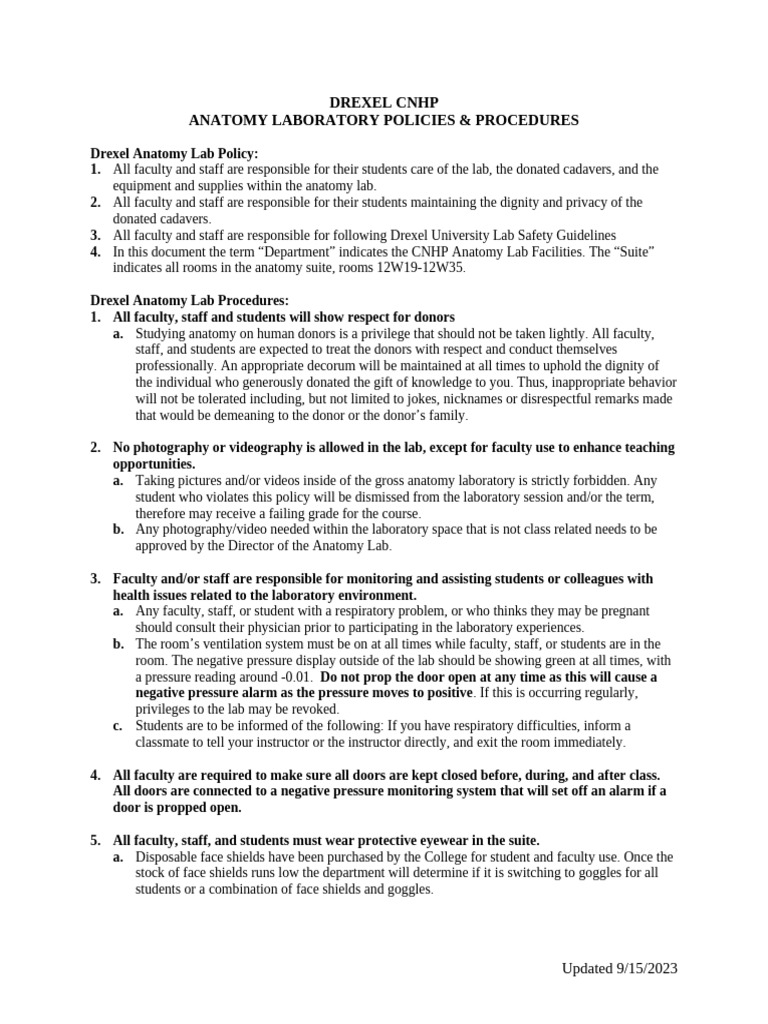 CNHP Anatomy Laboratory Policies.2023 | PDF | Laboratories | Clothing