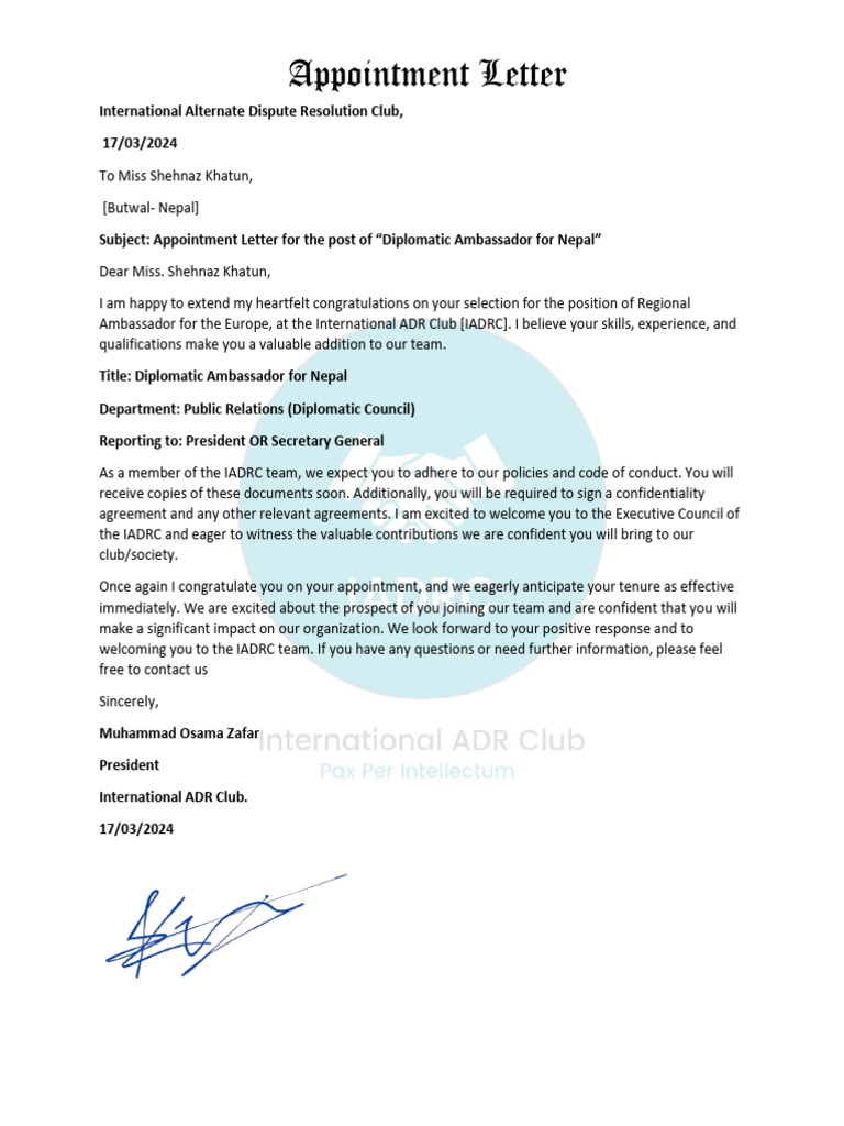 Appointment Letter - Diplomatic Ambassador | PDF