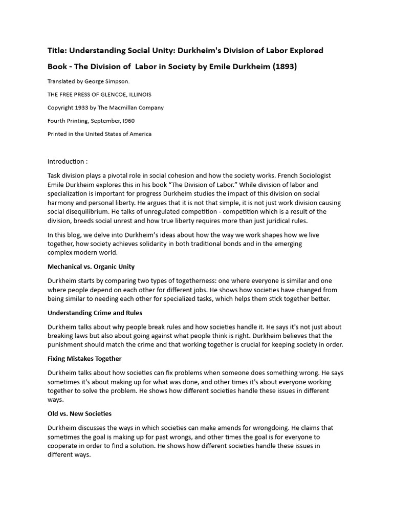 The Division of Labor in Society Blog | PDF | Émile Durkheim | Division ...