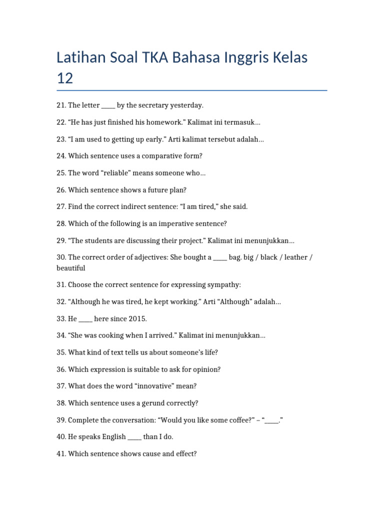 Latihan Soal TKA Bahasa Inggris Kelas 12 | PDF