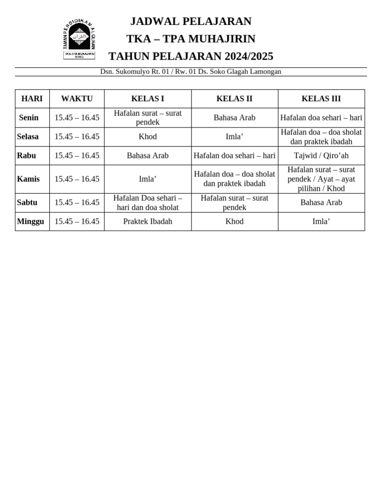 Jadwal Pelajaran Tka Tpa Muhajirin | PDF
