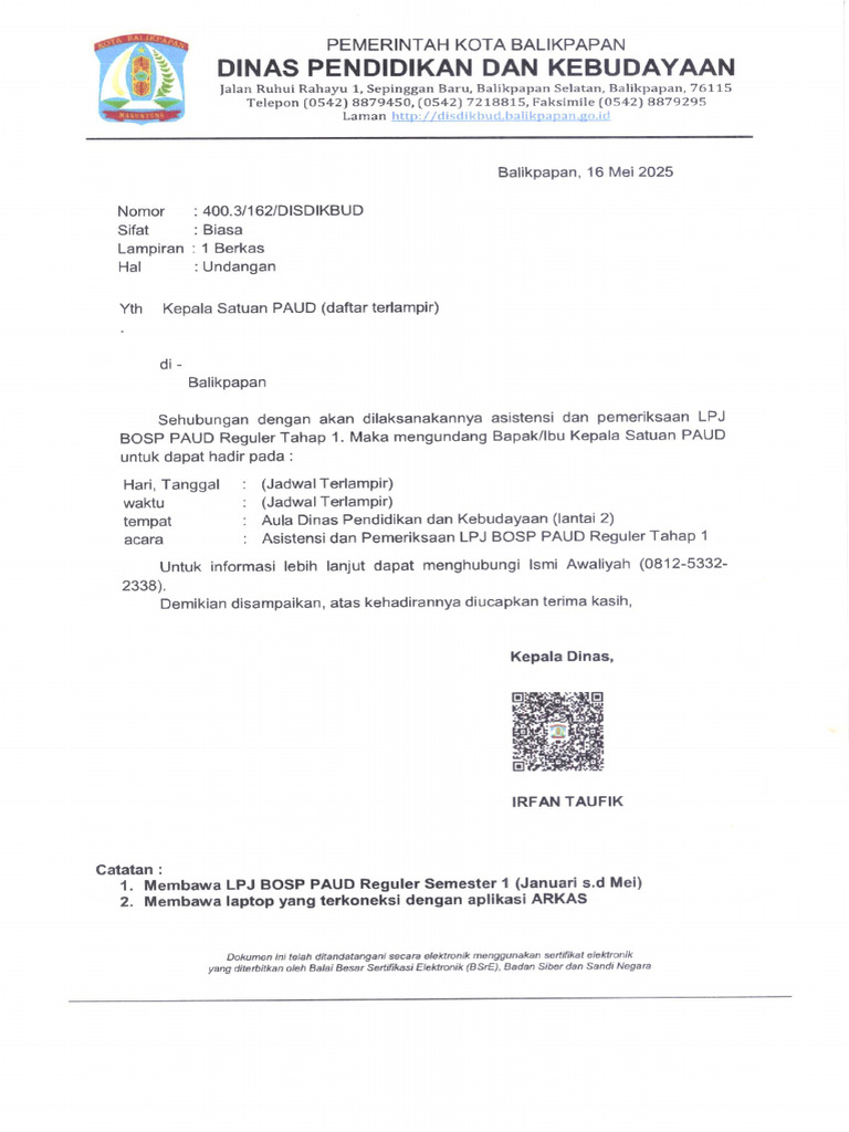 Undangan Asistensi Dan Pemeriksaan LPJ BOSP PAUD REGULER | PDF