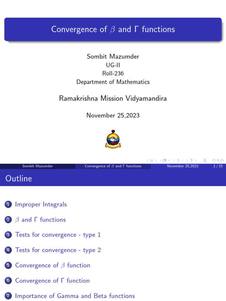 Convergence of Beta and Gamma Functions - SombitMazumder | PDF | Integral | Function (Mathematics)