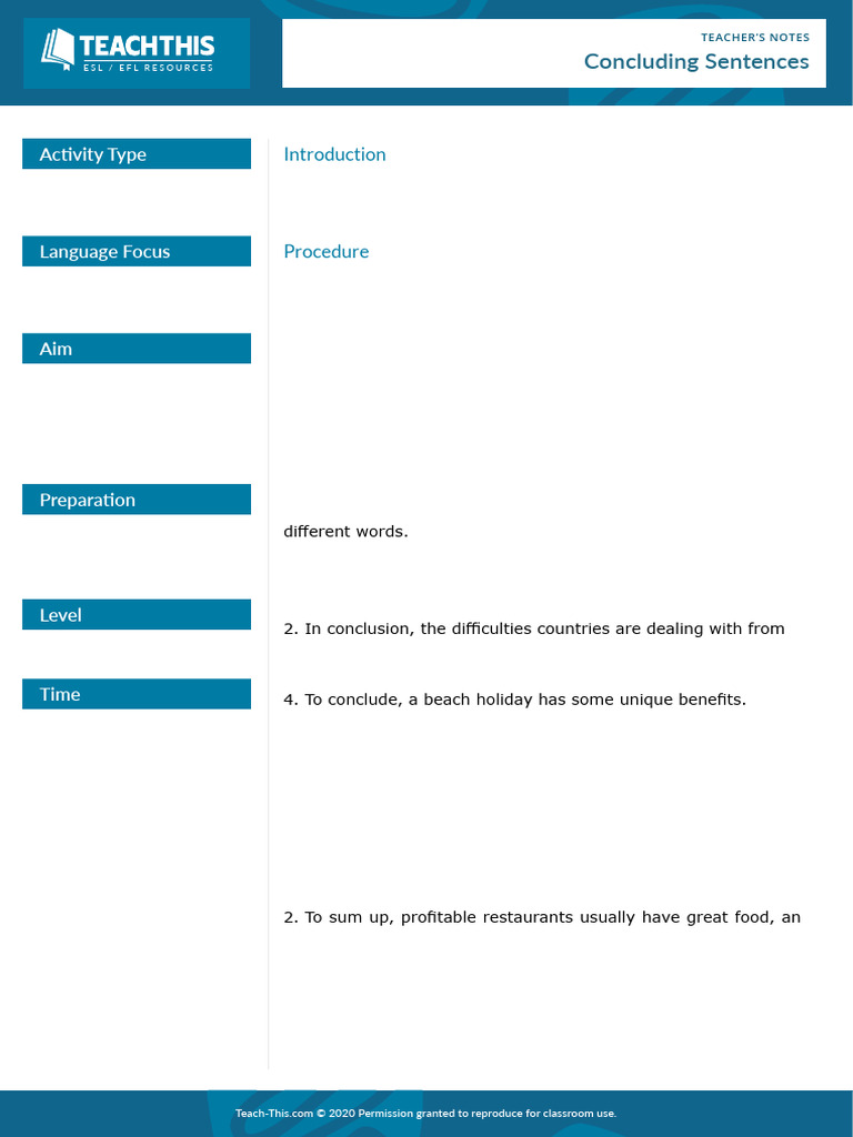 Concluding Sentences Interactive Worksheet - Teacher's Notes | PDF ...
