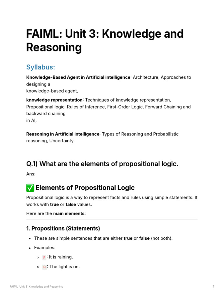 FAIML Unit 3 Knowledge and Reasoning | PDF | Inference | Intelligence (AI) & Semantics