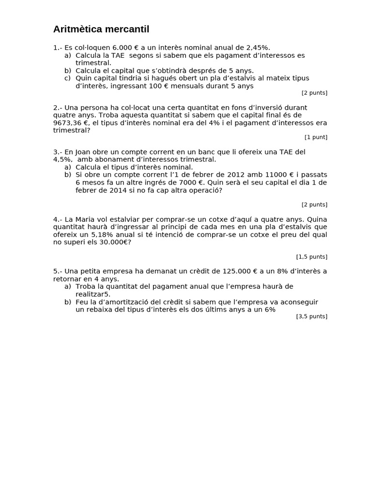 Model Examen Aritmètica Mercantil | PDF