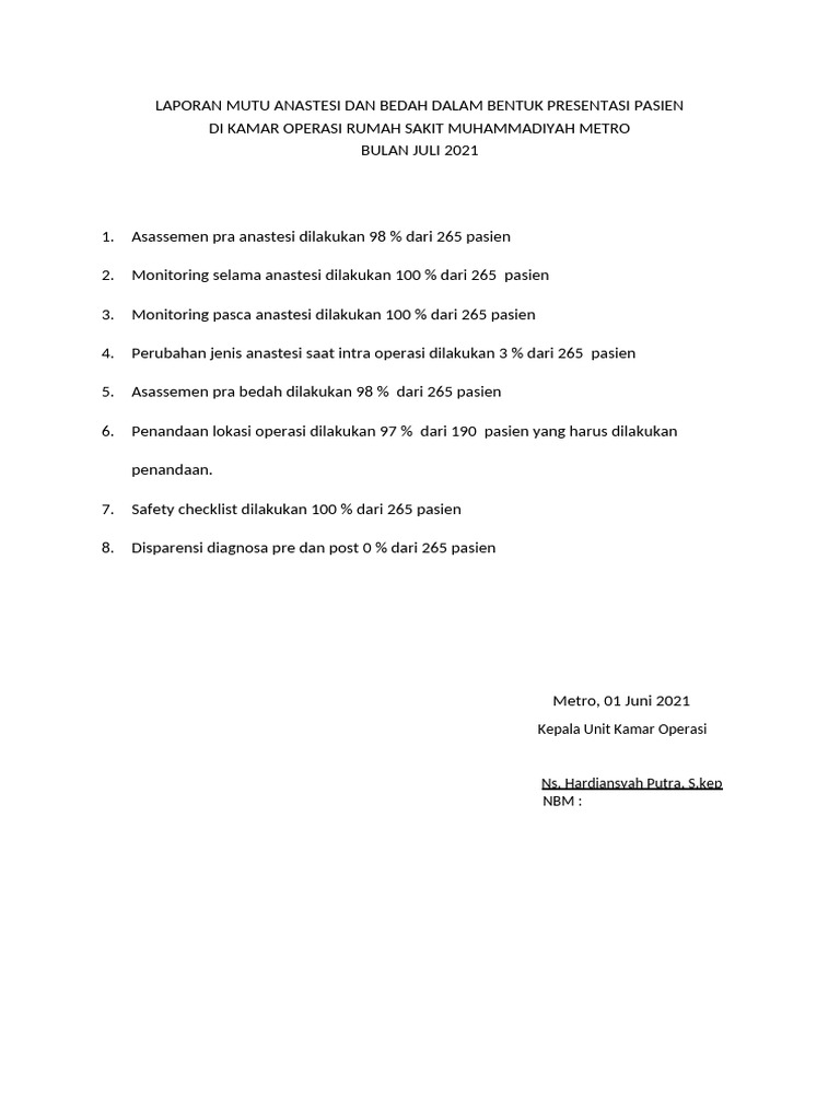 Laporan Mutu Bulan Juli 2021 | PDF