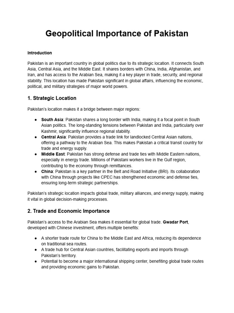 Geopolitical Importance of Pakistan | PDF | Cost Of Living | Two Nation ...