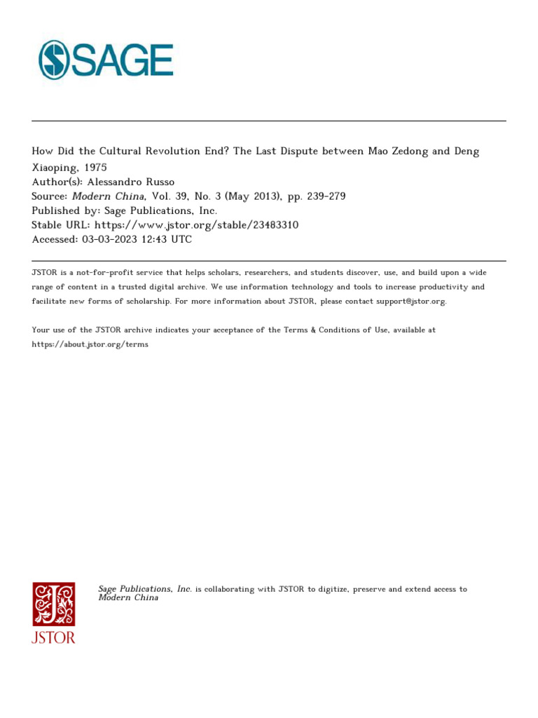 Russo_2013_Mao versus Deng, 21975 | PDF | Cultural Revolution | Socialism