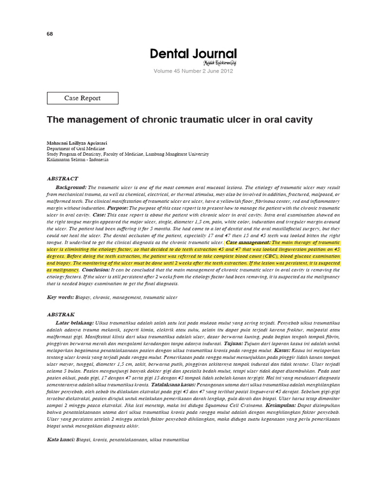 The Management of Chronic Traumatic Ulcer in Oral | PDF | Biopsy | Dentist