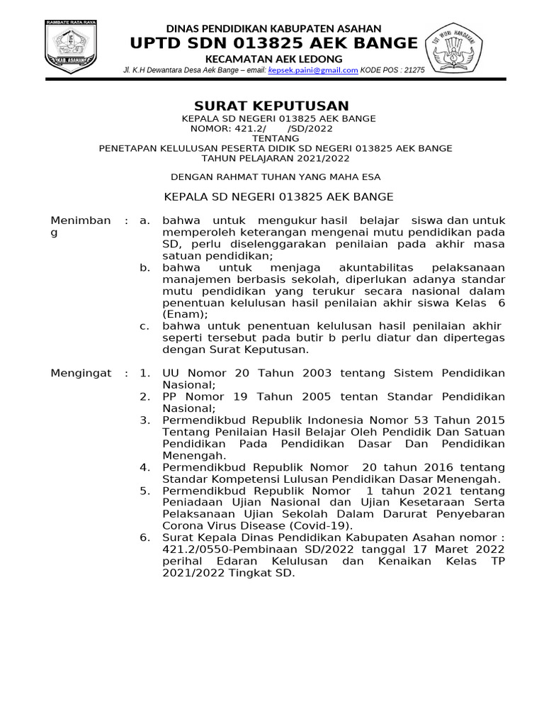 Contoh SK Kelulusan TP 2021-2022 (Sekolah) | PDF