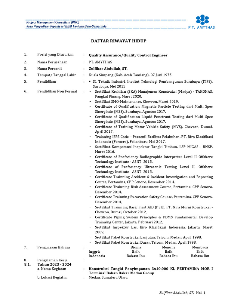 QA-QC Engineer - Zulfikar Abdullah | PDF