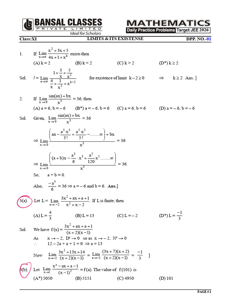 DPP-1 Limits Sol Bansal Final 250611 001946 | PDF | Mathematical Analysis | Mathematical Objects