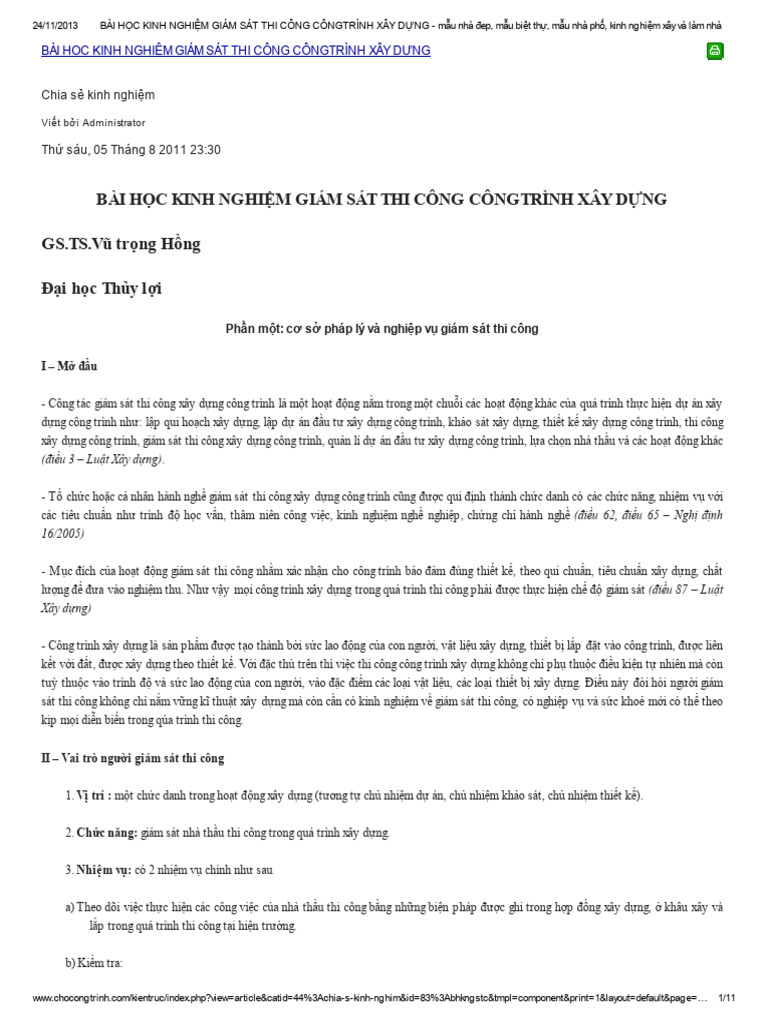 Bai Hoc Kinh Nghiem Giam Sat Thi Cong Congtrinh Xay Dung-Libre | PDF