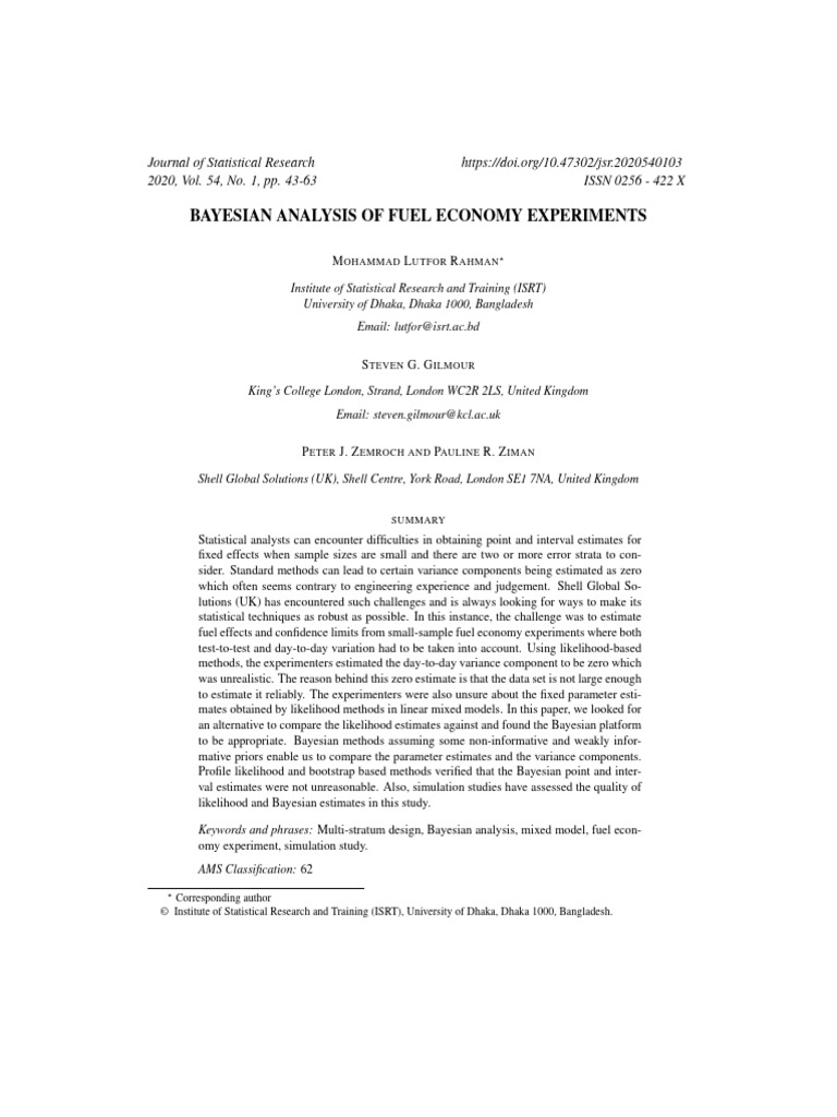 Bayesian Analysis of Fuel Economy Experiments | PDF | Bias Of An Estimator | Estimator