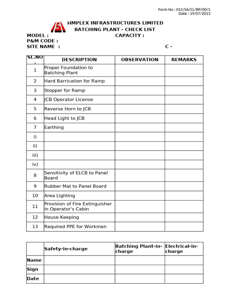 Batching Plant-Check List | PDF
