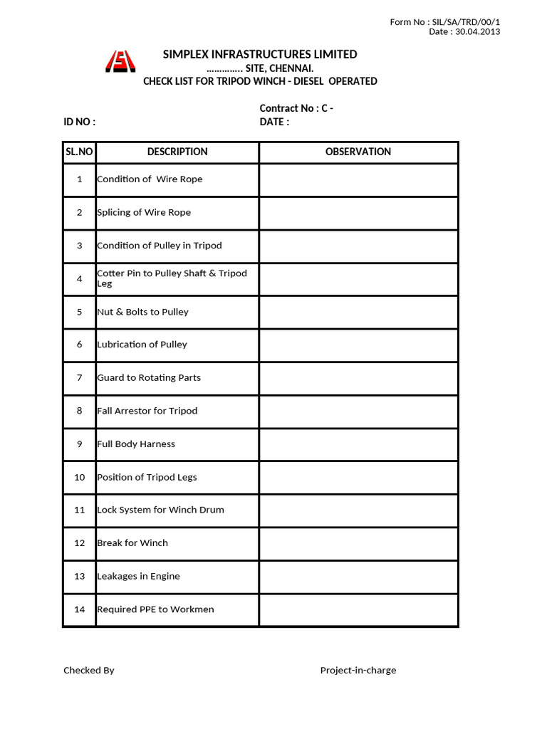 Bore Pile Winch (Diesel) - Check List | PDF