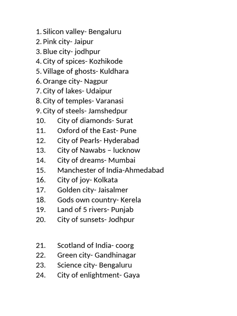 Indian Cities and Their Nicknames | PDF