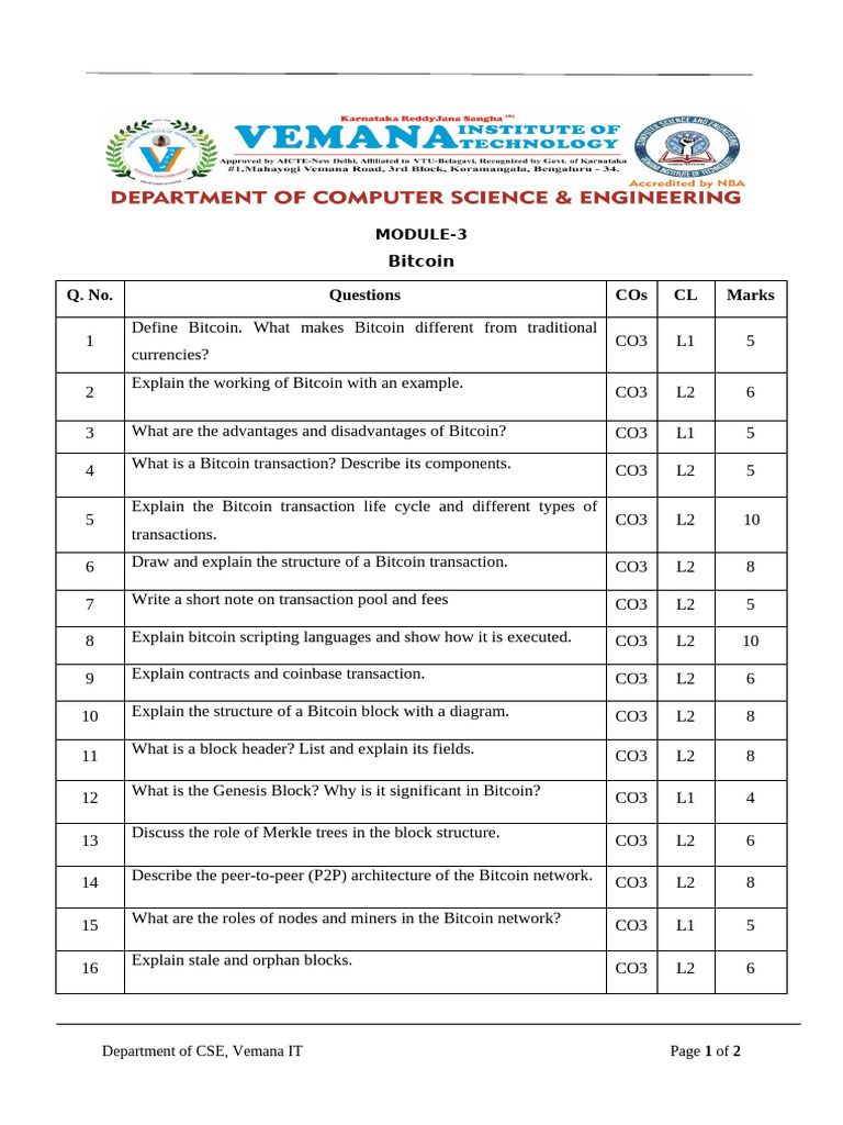 BCS613A BT Module 3 Question Bank | PDF | Bitcoin | Distributed Computing
