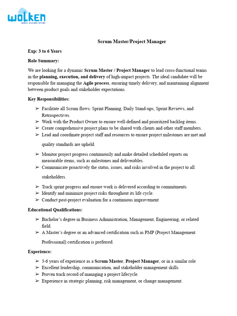 Scrum Master/Project Manager Job Opening | PDF