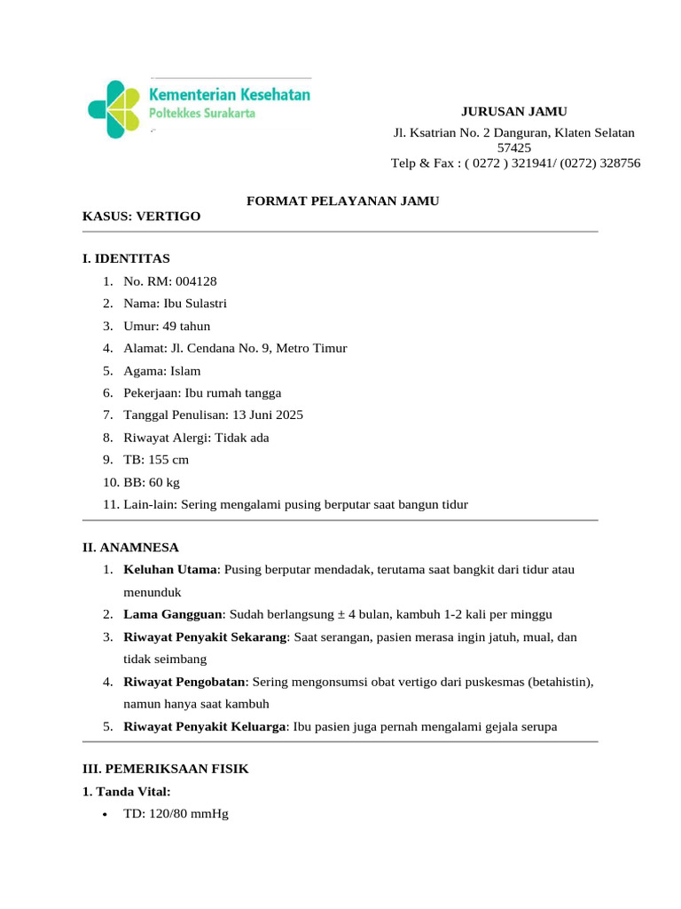 Form Pengkajian Vertigo | PDF
