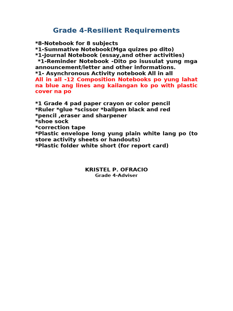 Grade 4 Notebook and Supply Requirements | PDF