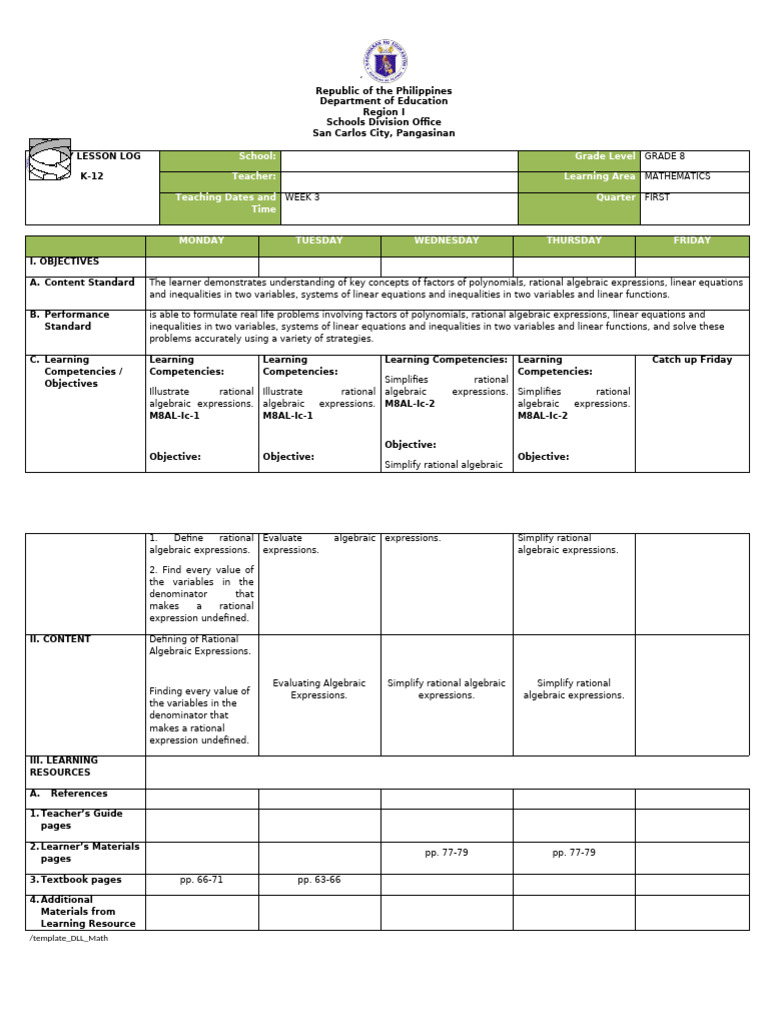 DLL - Math-8 Quarter-1 Week-3 | PDF | Equations | Polynomial