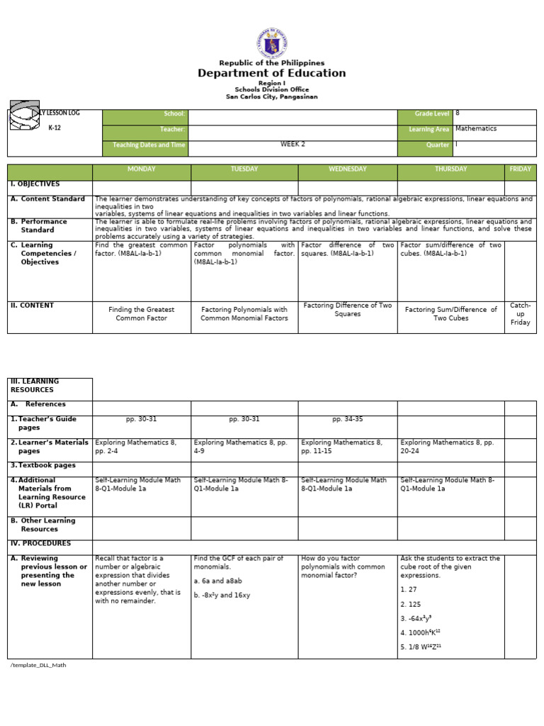 DLL - Math-8 Quarter-1 Week-1 | PDF | Factorization | Equations