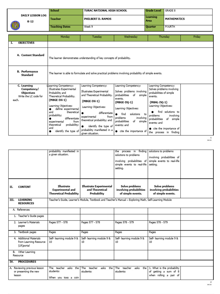 DLL - MATH - 8 - Q4 - Week 9-Illustrates Experimental and Theoretical ...