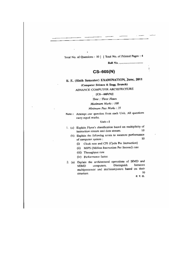 Cs 605 Advance Computer Architecture Jun 2011 | PDF