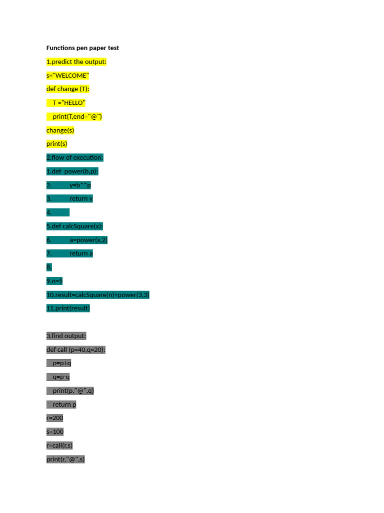 Functions Pen Paper Test | PDF
