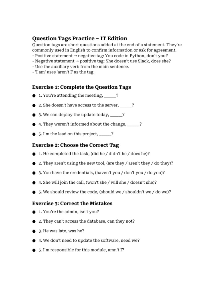 Question Tags Practice IT | PDF