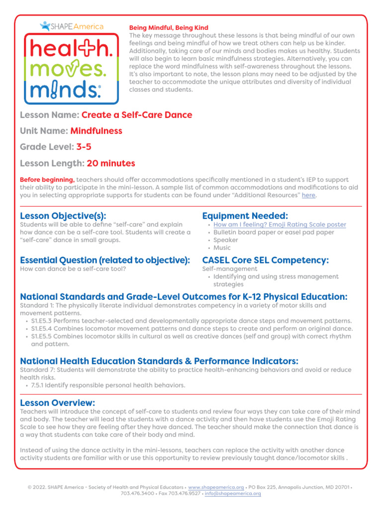 Mini Lessons GR 3-5 Create A Self Care Dance AUG22 | PDF | Dances | Mind
