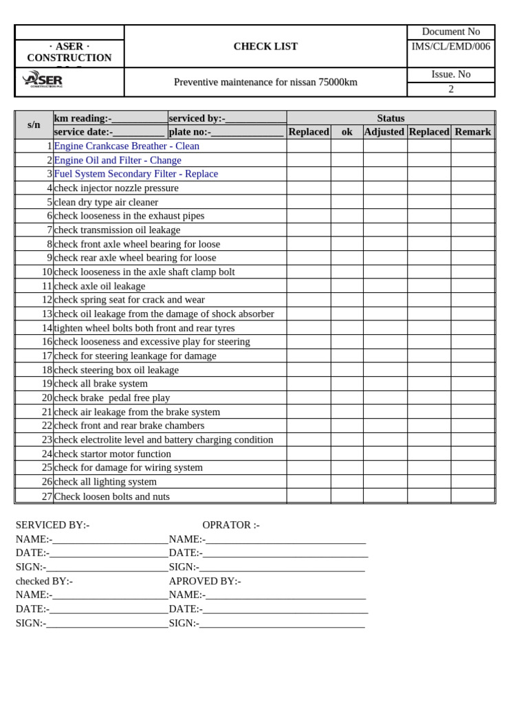 IMS-CL-EMD-006 Preventive Maintenance For NISSAN75000 | PDF