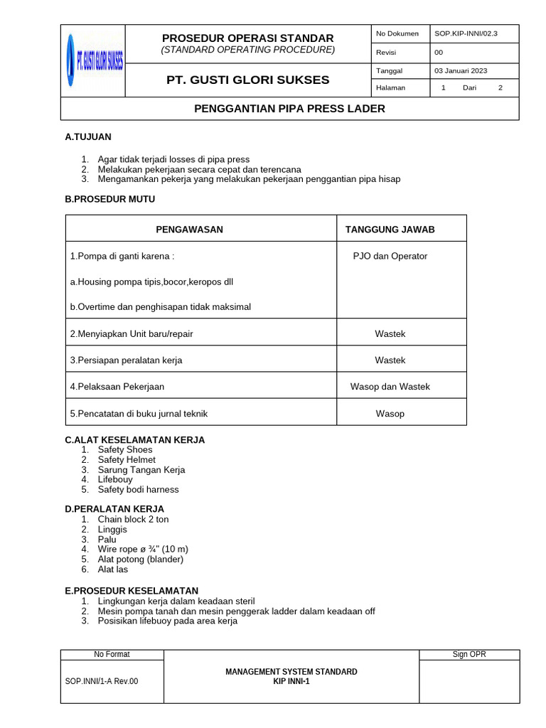 Sop Ganti Pipa Pres Ladder | PDF