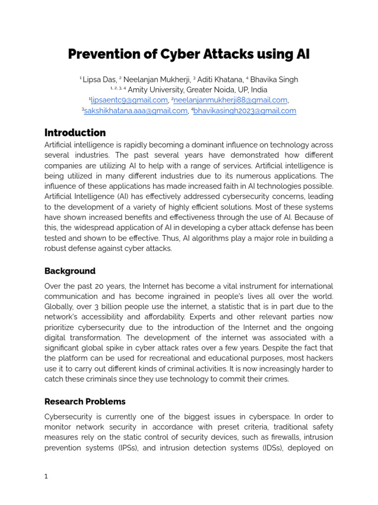 Prevention of Cyber Attacks Using AI (First Draft) | PDF | Denial Of Service Attack | Security