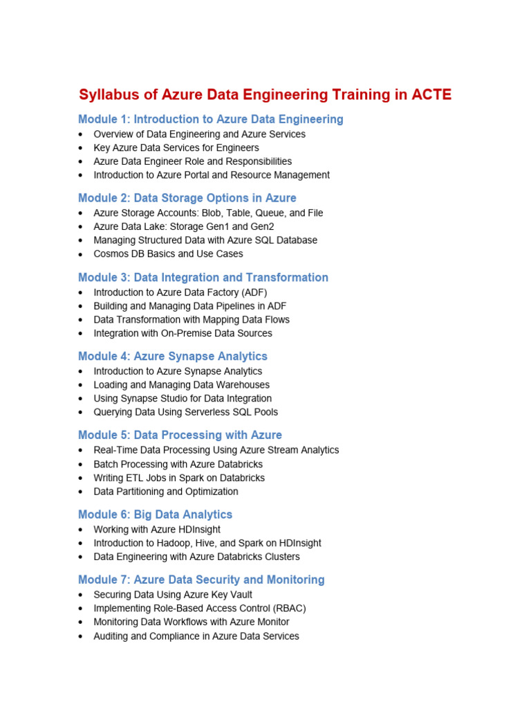 Syllabus of Azure Data Engineering Training in ACTE (1) | PDF