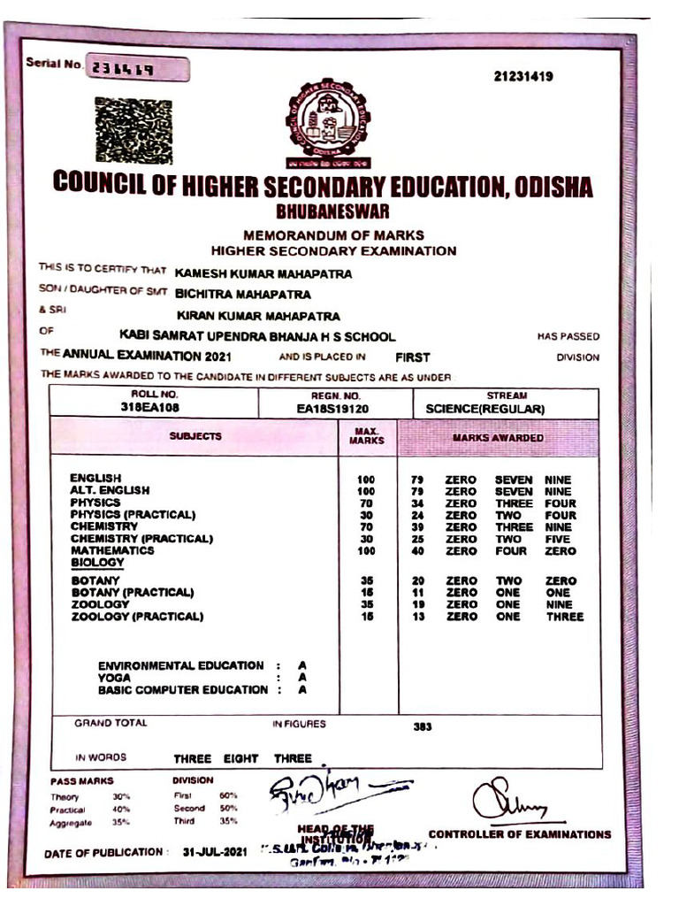 12th Marksheet | PDF