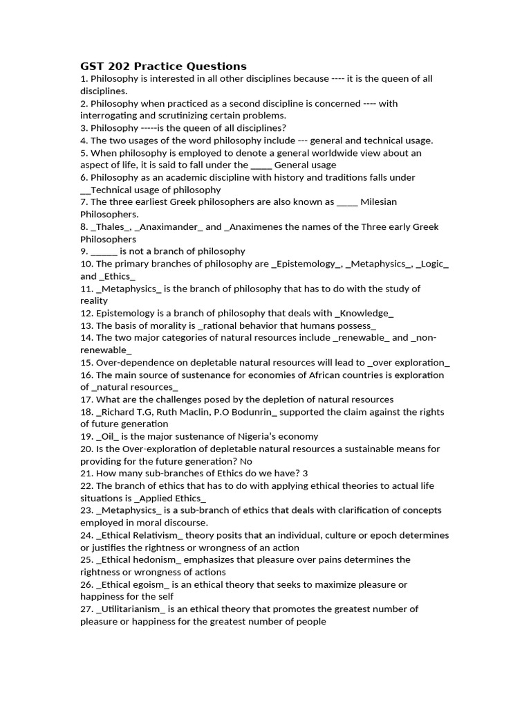 GST 202 Practice Questions (Answered) | PDF | Environmental Ethics | Applied Philosophy