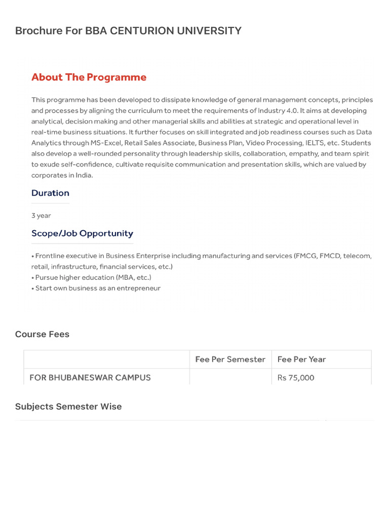 Brochure For Bba Centurion University | PDF