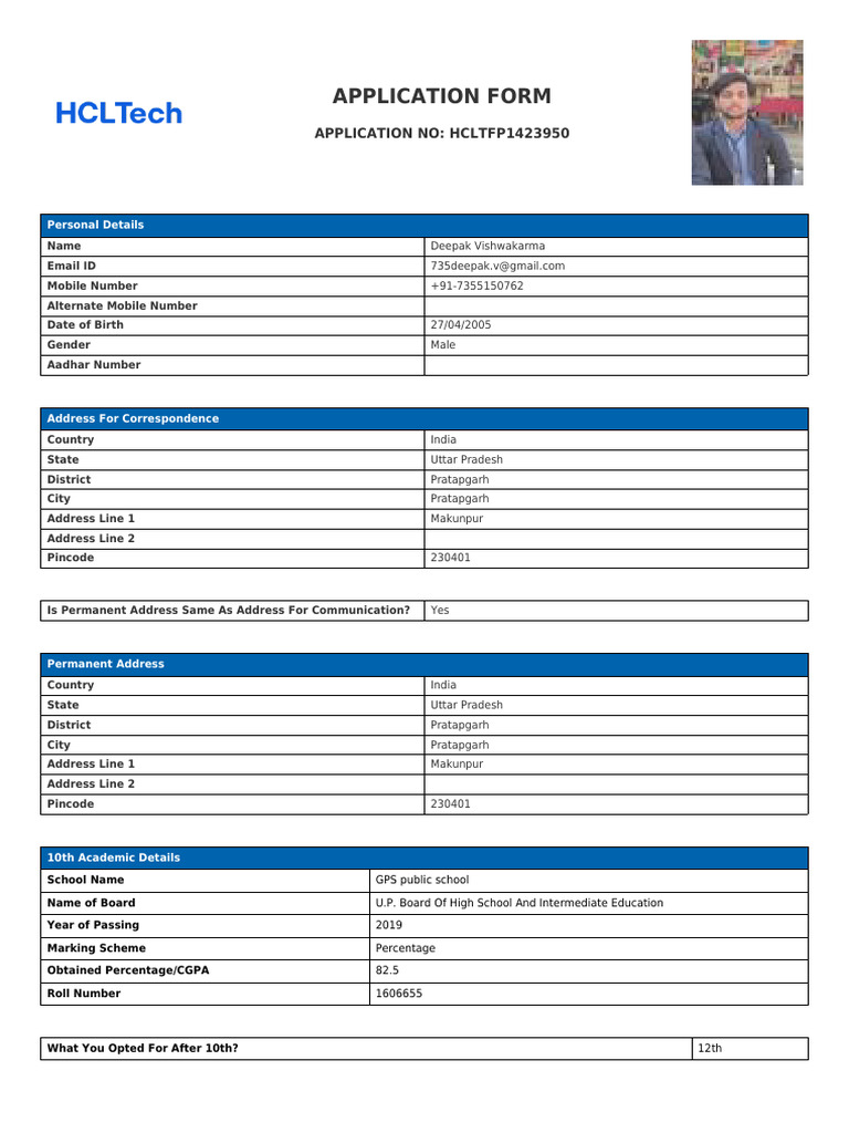 Application Form HCLTFP1423950 | PDF